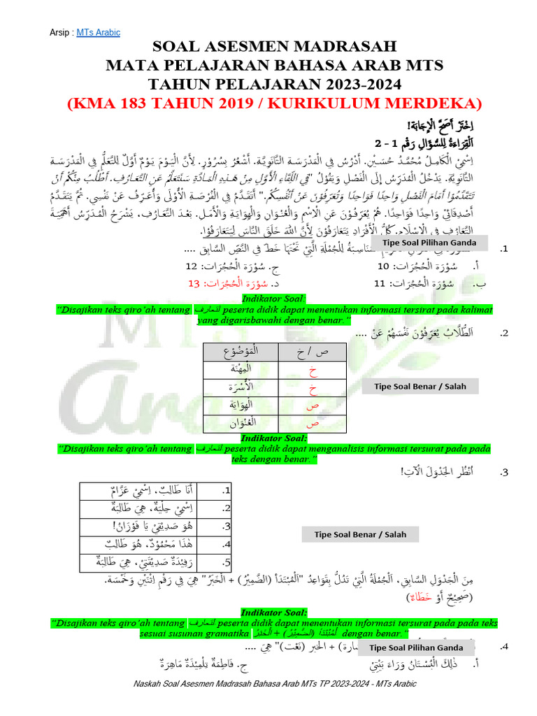 New - Soal Asesmen Madrasah Bahasa Arab MTs TP 2023-2024 - MTs Arabic | PDF