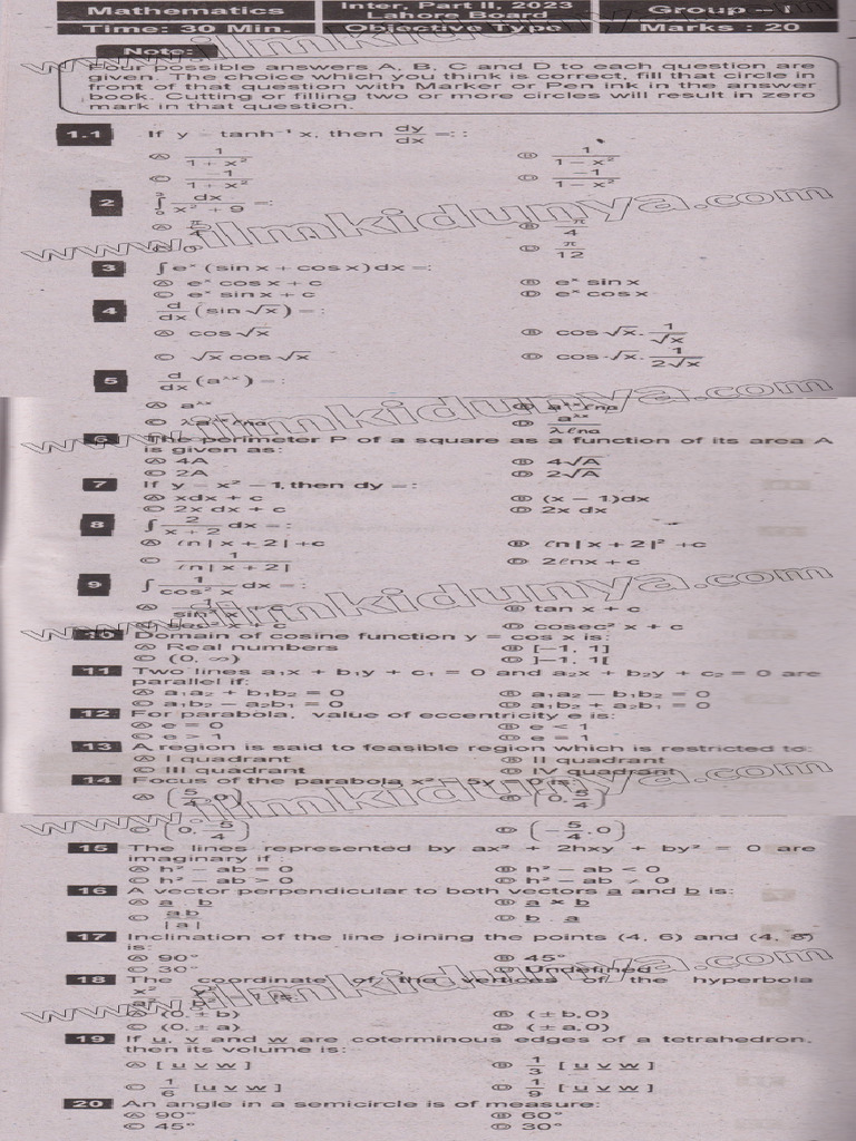 Past Paper 2023 Lahore Board Inter Part II Mathematics Group I Objective English Medium | PDF