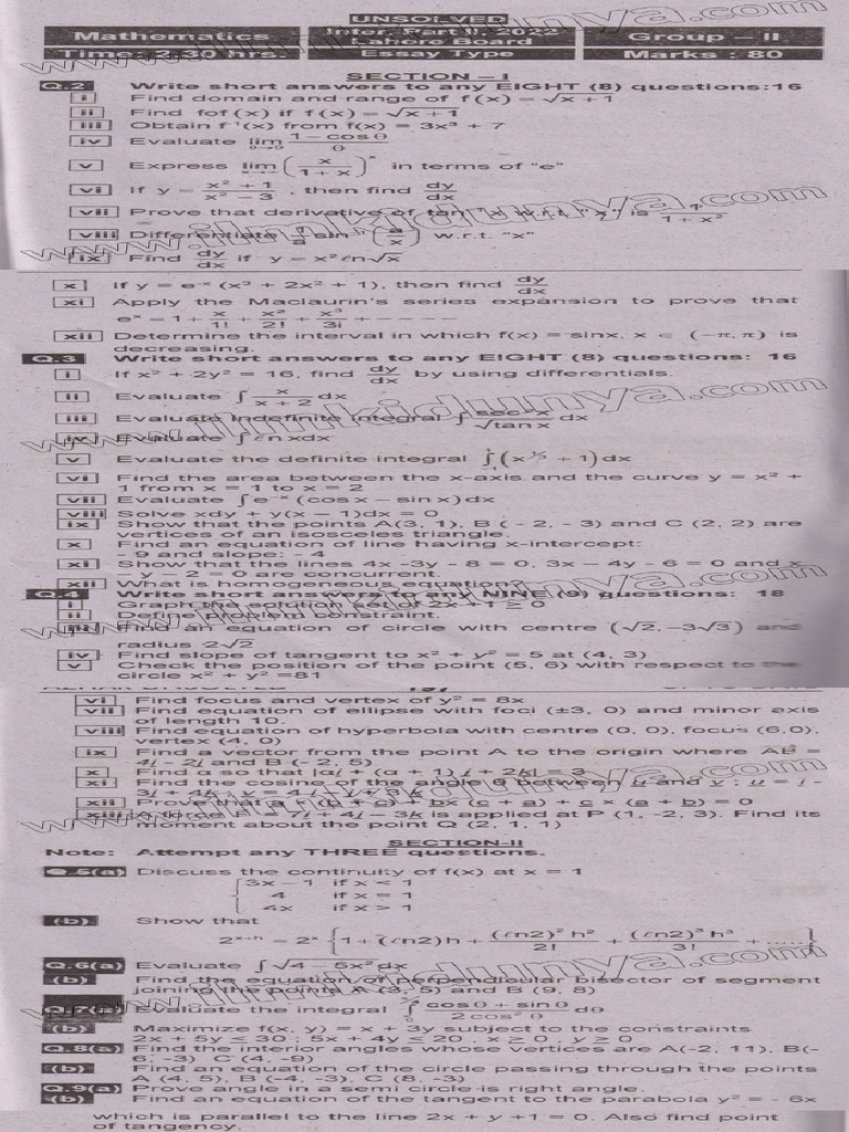 Past Paper 2022 Lahore Board Inter Part II Mathematics Group II Subjective | PDF