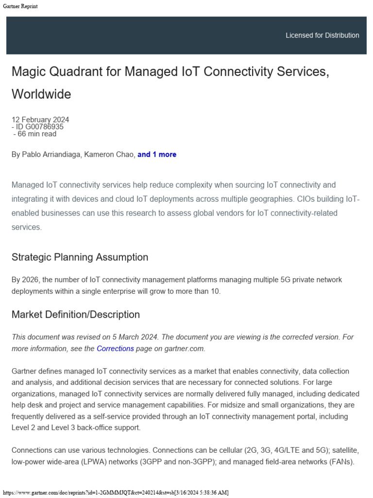 Magic Quadrant For Managed IoT Connectivity Services 2024 | PDF | Internet Of Things ...