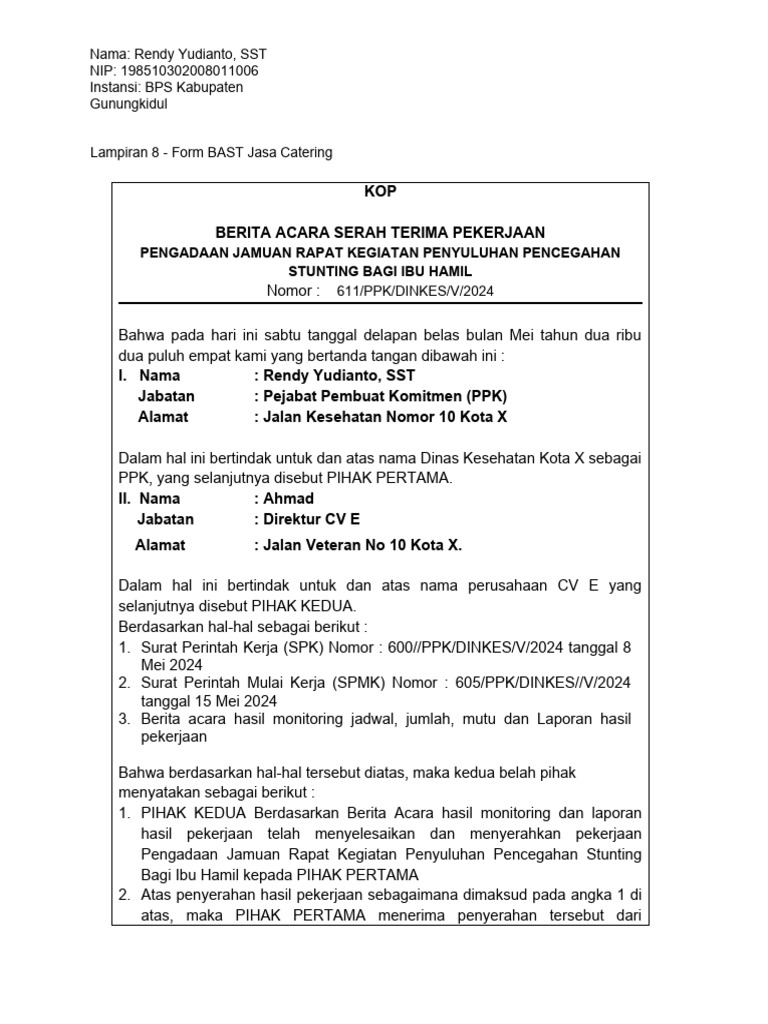 Rendy Yudianto-Lampiran 8 - Form Berita Acara Serah Terima (BAST) Jasa Katering | PDF