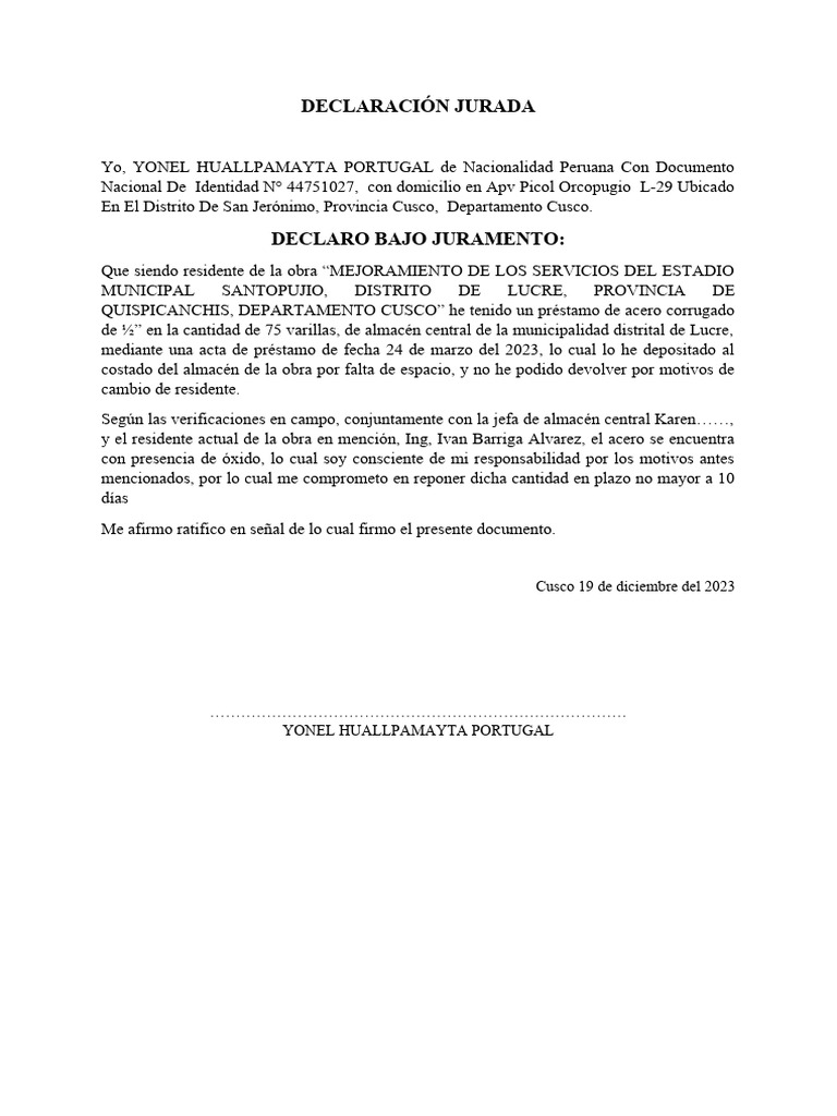 Declaración - Jurada Yonel | PDF