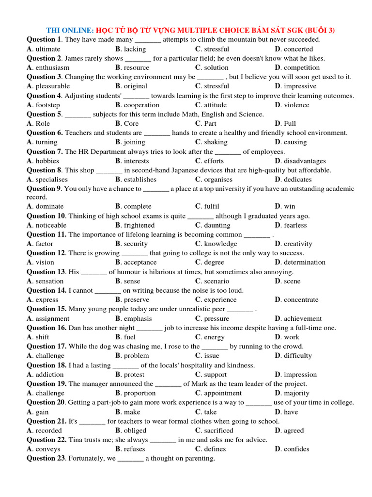 3.1. (Test) T V NG Multiple Choice Bám Sát SGK (Bu I 3) | PDF | Sat ...