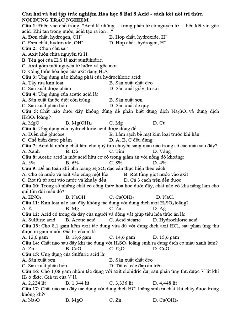 Câu hỏi và bài tập trắc nghiệm Hóa học 8 Bài 8 Acid - 4 bản | PDF