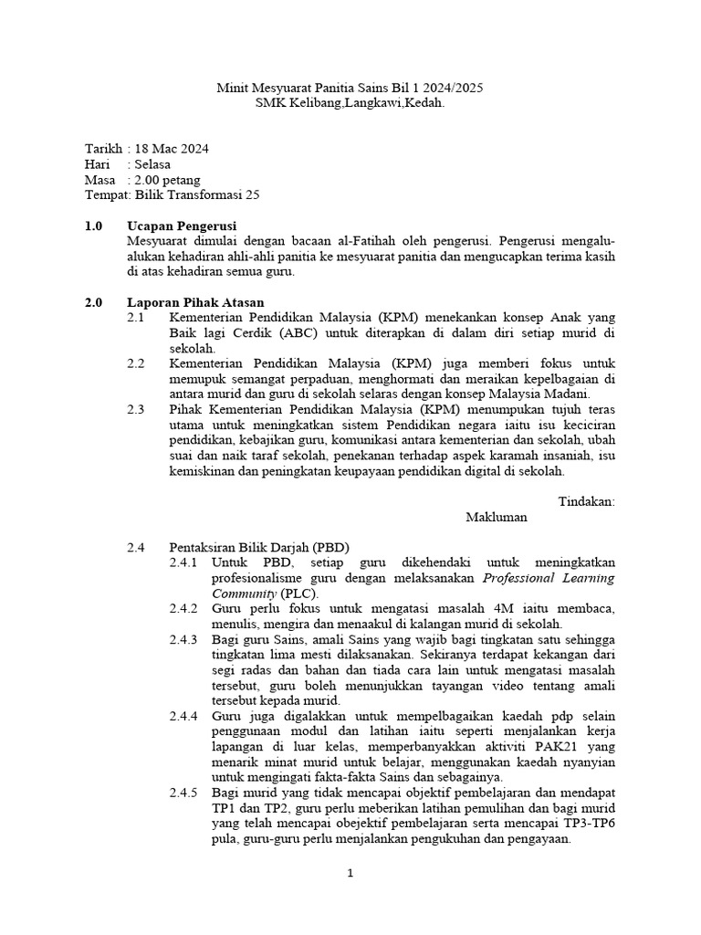 Minit Mesyuarat Panitia Sains Bil 1 2023 | PDF