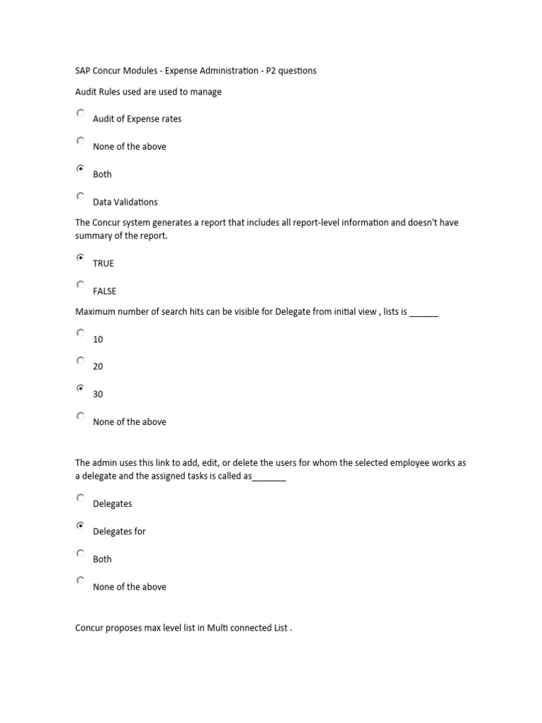 SAP Concur Modules - Expense Administration - P2 Questions | PDF