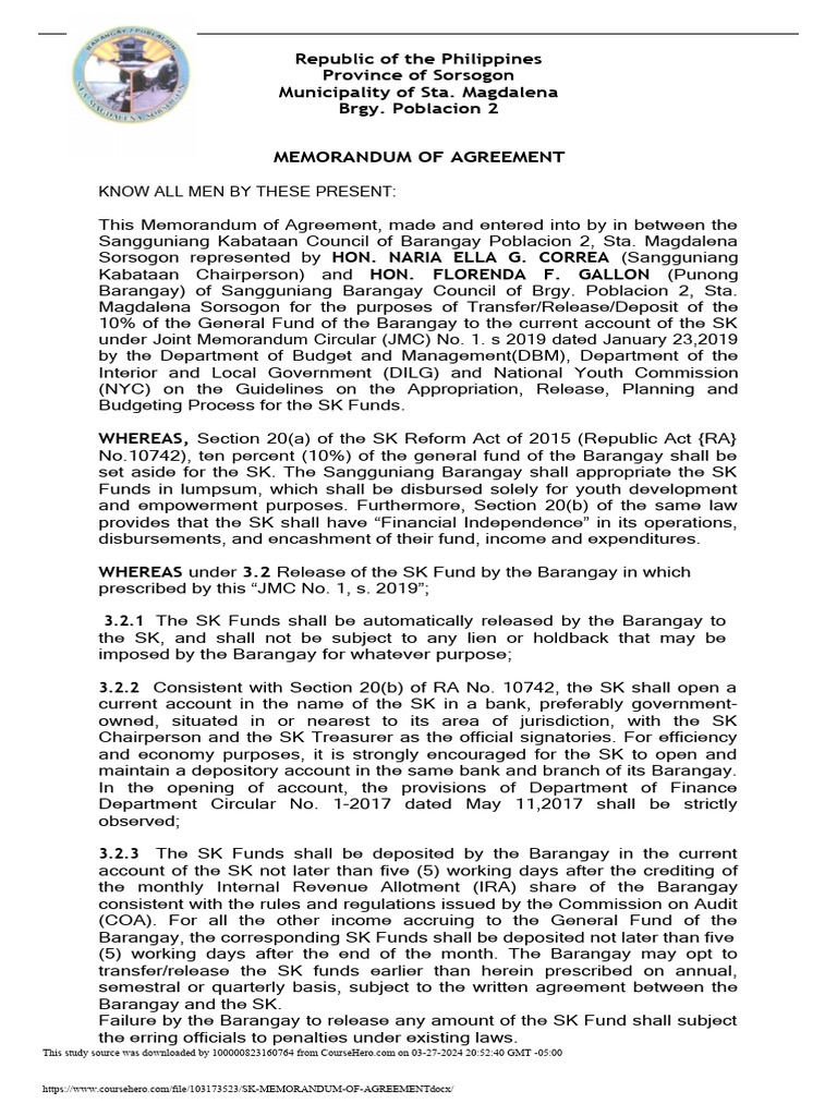 SK Memorandum of Agreement | PDF | Government