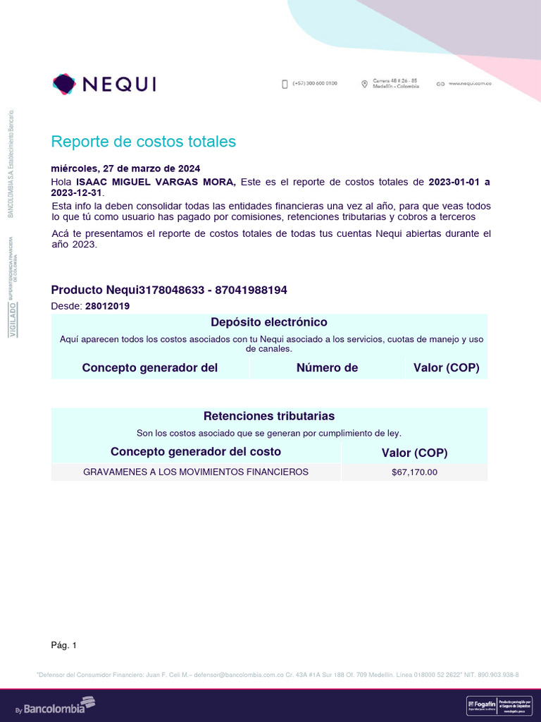 Reporte de Costos Nequi 2023 | PDF