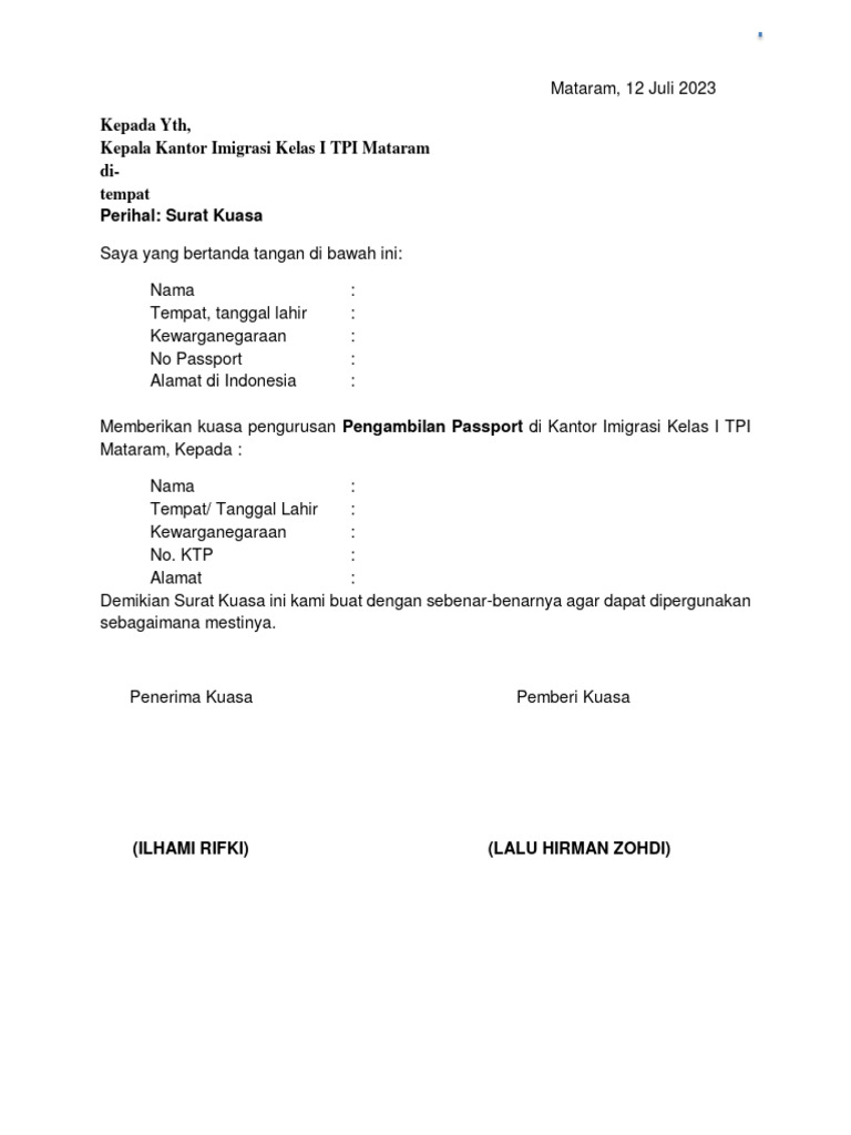 Contoh Surat Kuasa Pengambilan Paspor | PDF