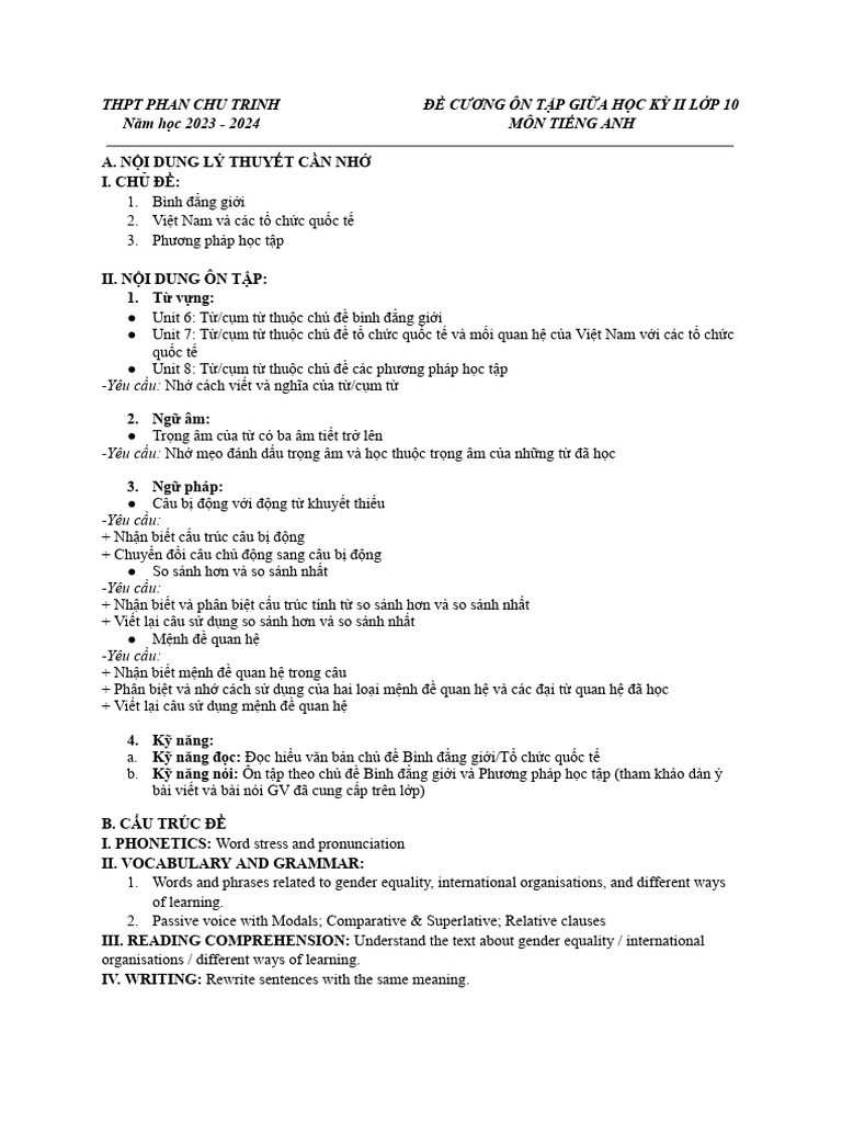 ĐỀ CƯƠNG GKII - ANH 10 | PDF