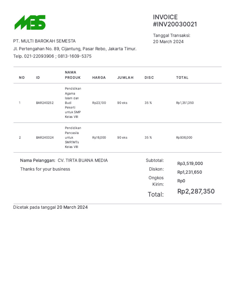 Invoice MBS - #INV20030021CV. TIRTA BUANA MEDIA | PDF