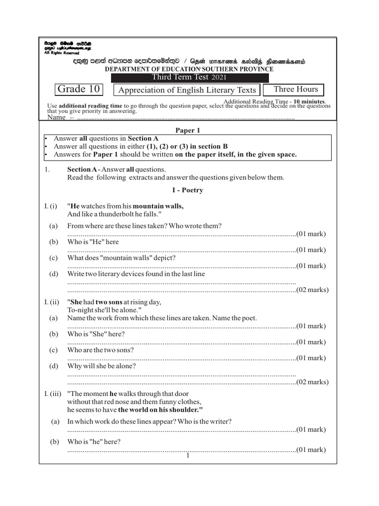 Grade 10 English Literary Test 2021 | PDF | Poetry