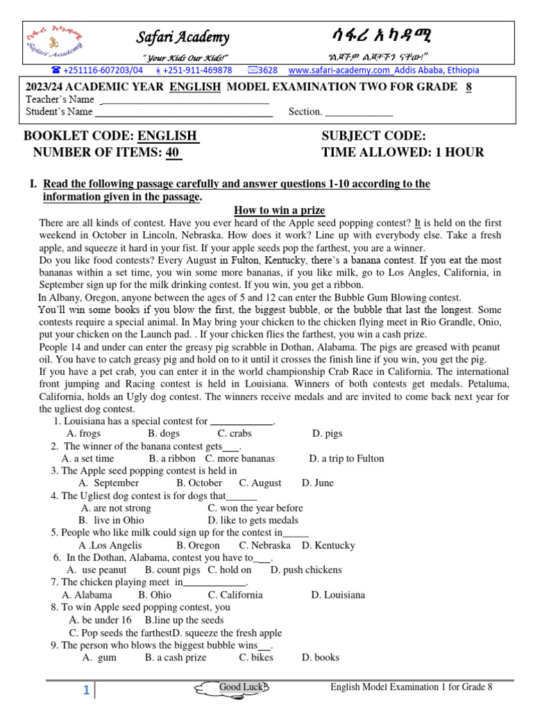 Grade 8 English Model Exam Guide | PDF
