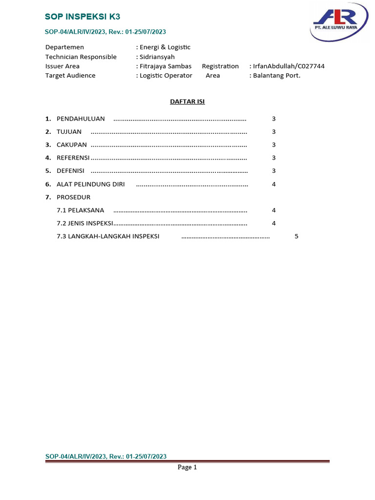 Sop Inspeksi K3 PT Alr | PDF | Teknologi & Rekayasa