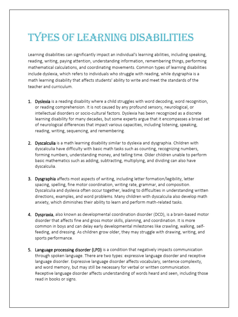Types of Learning Disability | PDF | Learning Disability | Dyslexia
