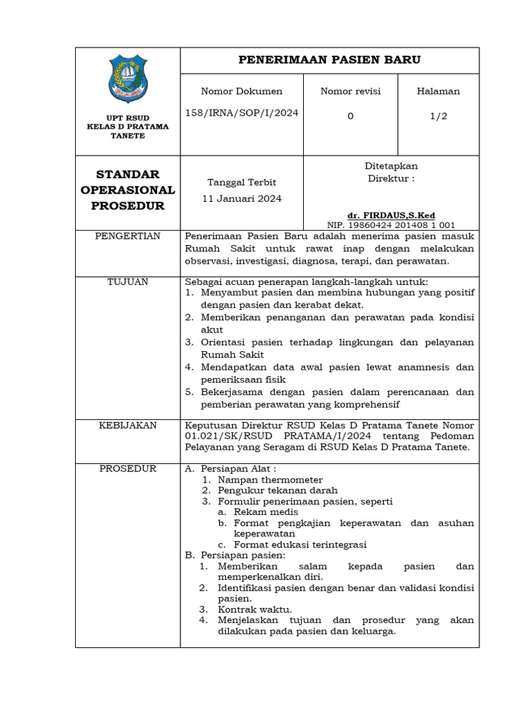 Sop 2 Penerimaan Pasien Baru | PDF