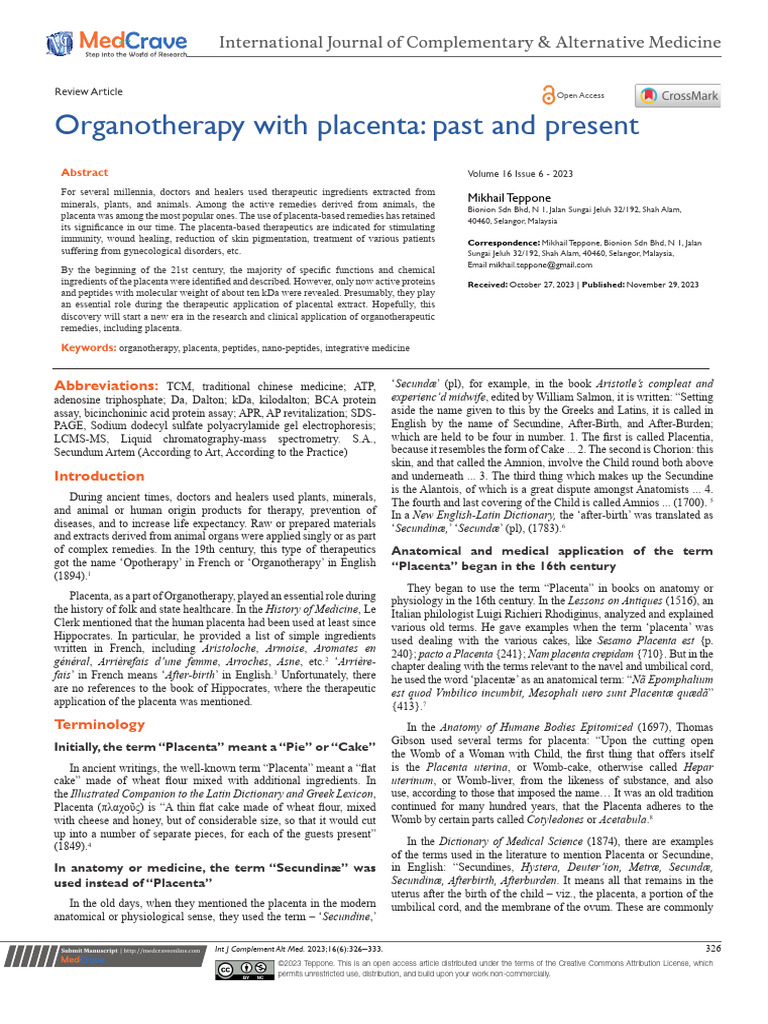 Organotherapy With Placenta: Past and Present: International Journal of Complementary ...