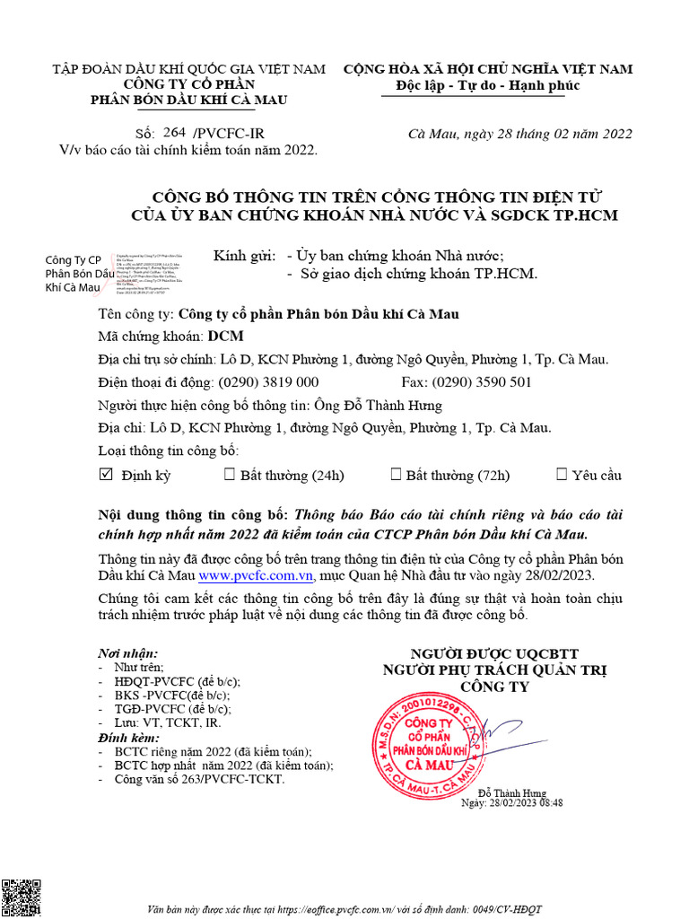 DCM - CBTT - BCTC Riêng Công Ty Mẹ Đã Được Kiểm Toán Năm 2022 | PDF