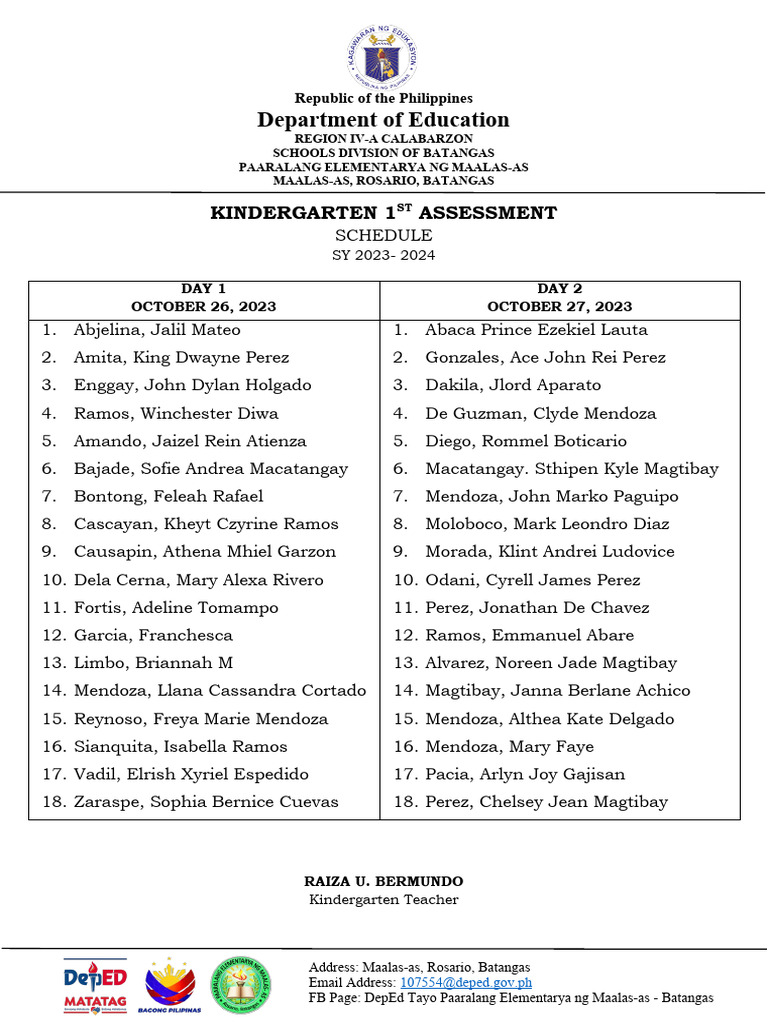 Kindergarten 1ST Assessment Schedule | PDF