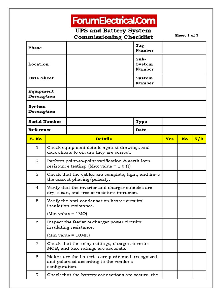 UPS and Battery System Commissioning Checklist | PDF | Battery Charger ...