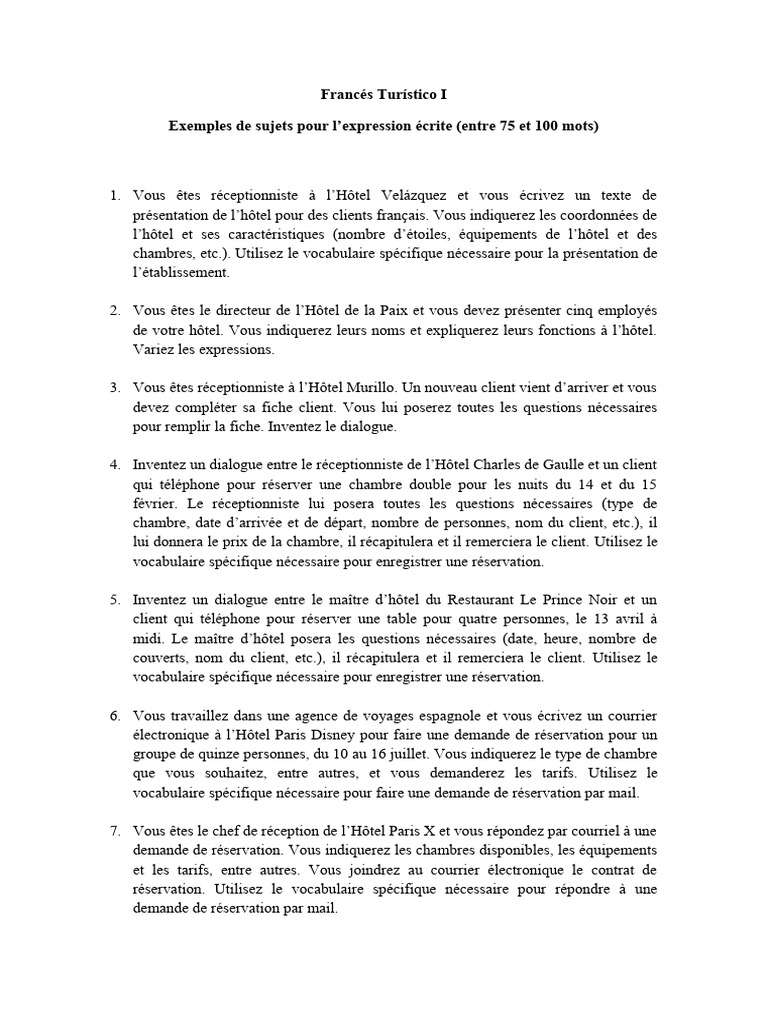Francés Turístico I- Exemples de sujets pour l'expression écrite (1) | PDF