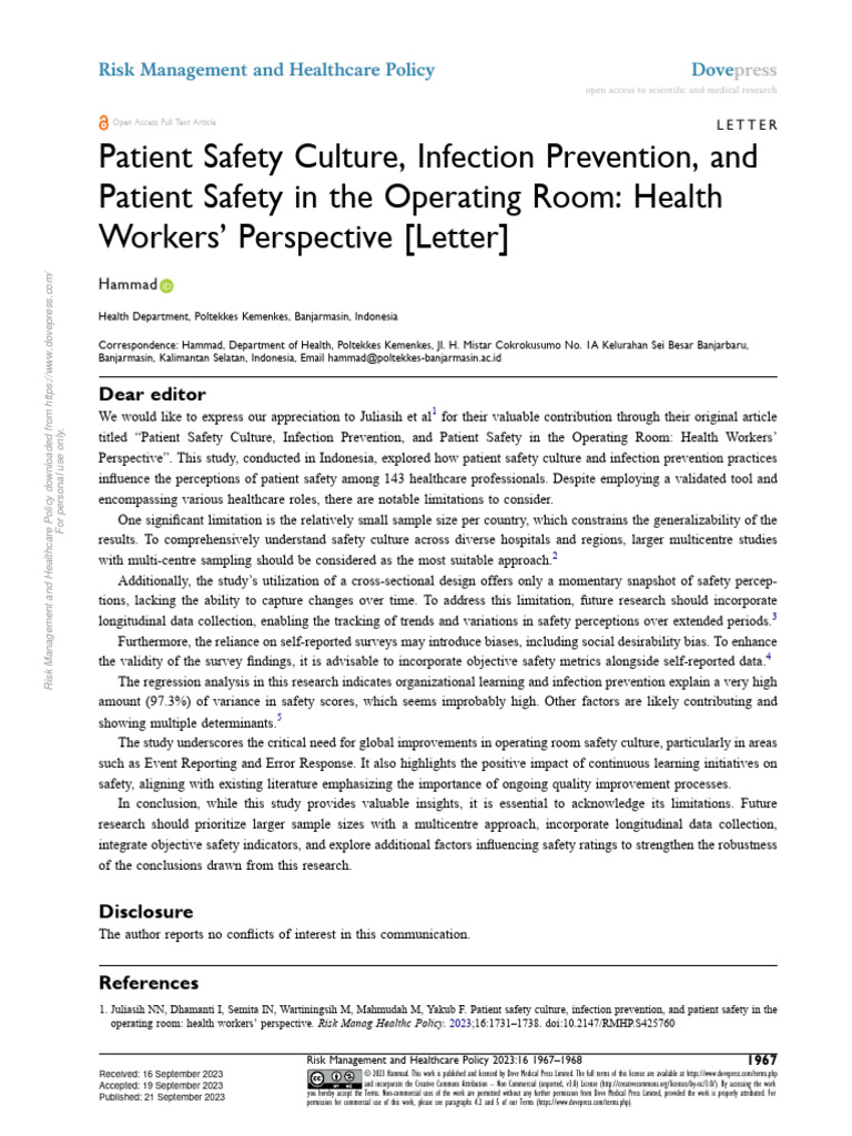 RMHP 439271 Patient Safety Culture Infection Prevention and Patient Sa ...