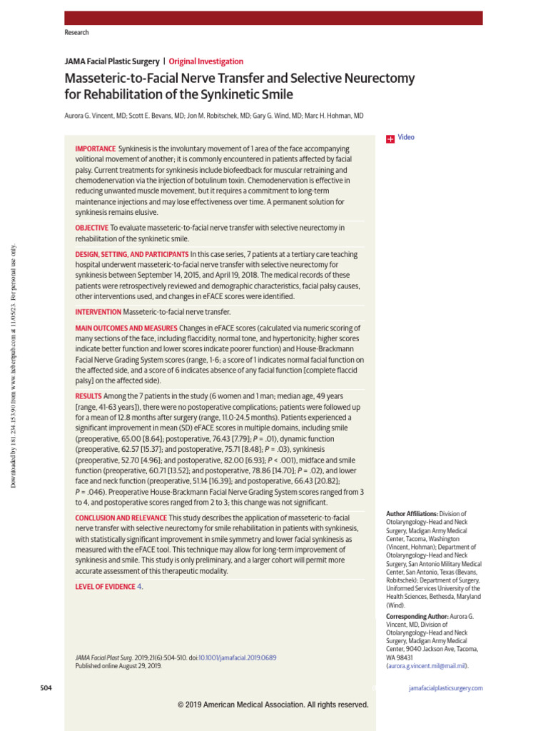 Vincent Et Al 2019 Masseteric To Facial Nerve Transfer and Selective ...