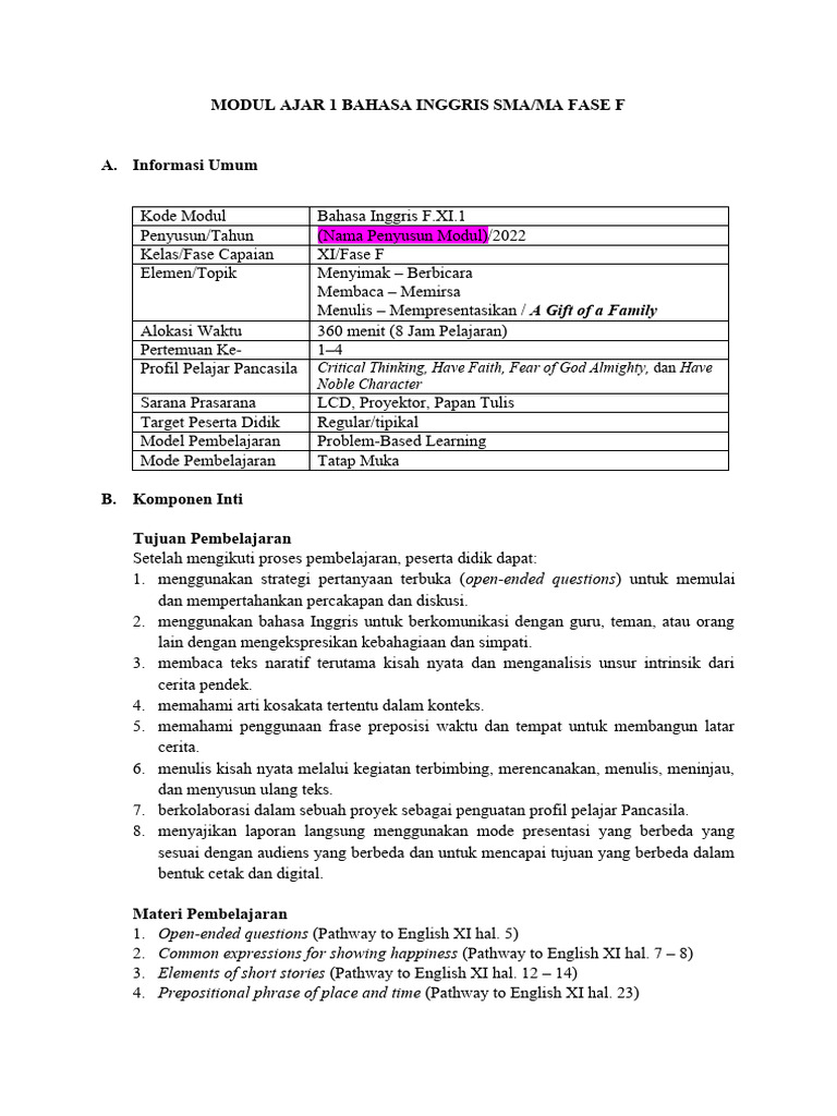 UNIT 1 - MODUL AJAR Pathway To English SMA GRADE XI | PDF