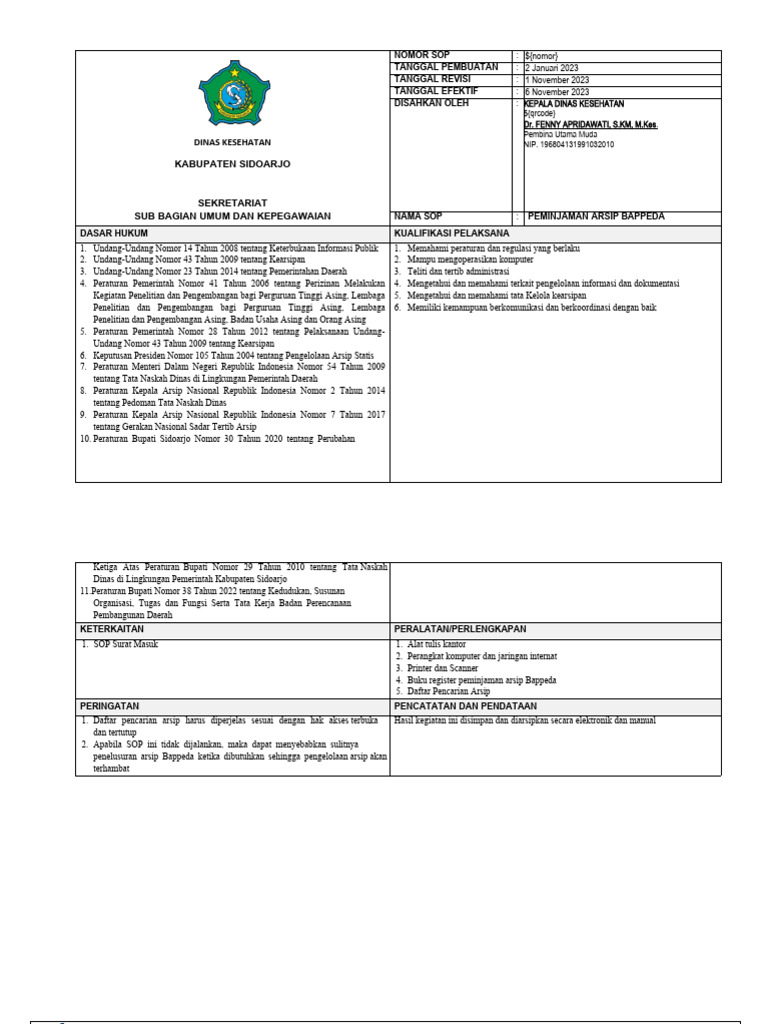 SOP Peminjaman Arsip Bappeda | PDF