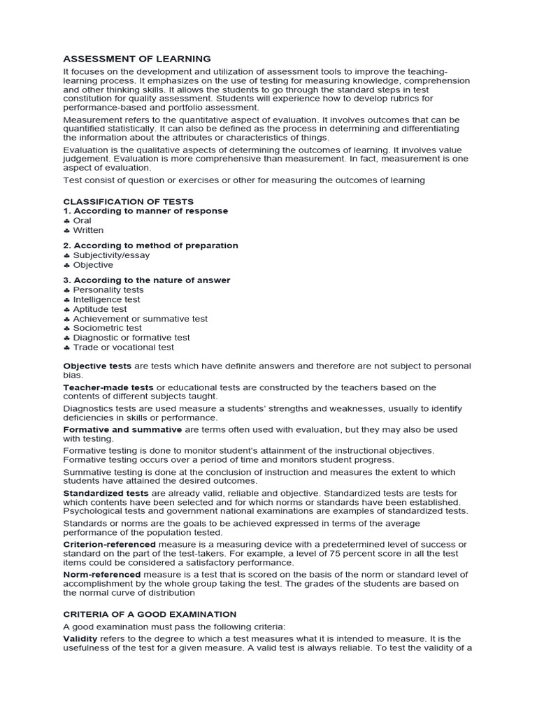 Review Notes Assessment of Learning | PDF | Level Of Measurement ...