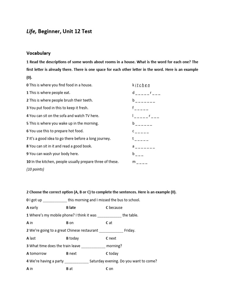 Beginner Unit 12 Vocabulary Test | PDF | Kitchen