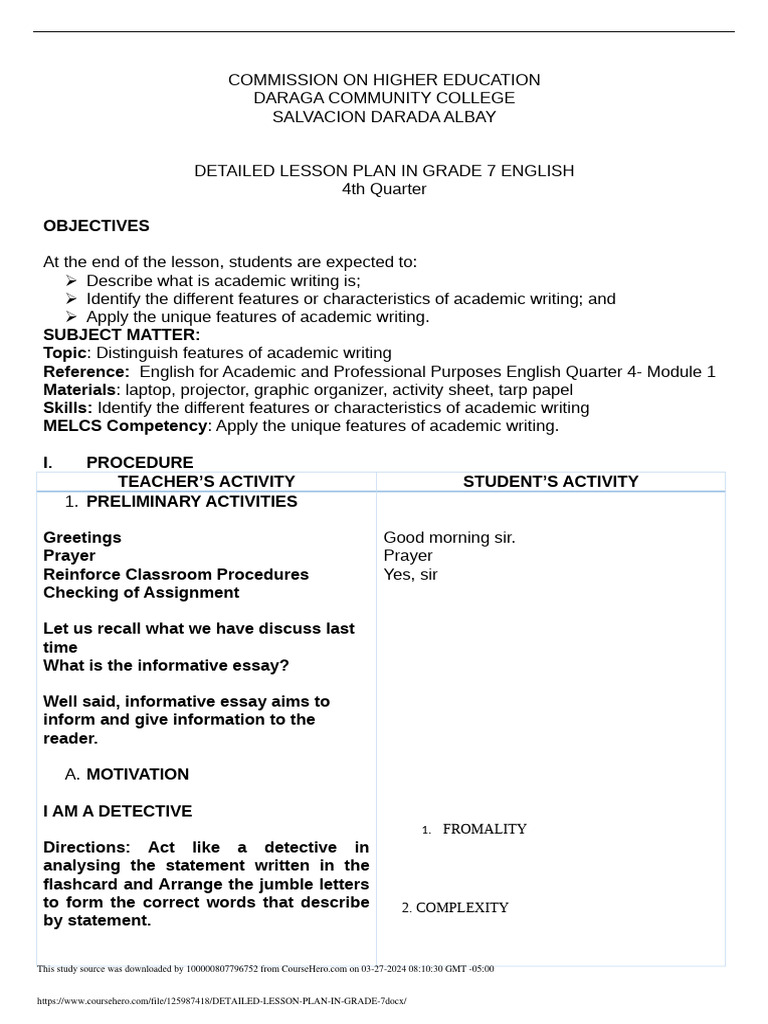 Detailed Lesson Plan in Grade 7 | PDF | Verb | Human Communication