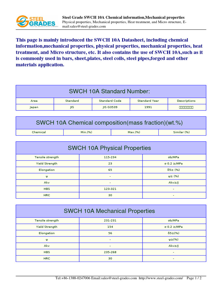 SWCH 10A Steel Grade Datasheet | PDF | Rolling (Metalworking) | Pipe ...