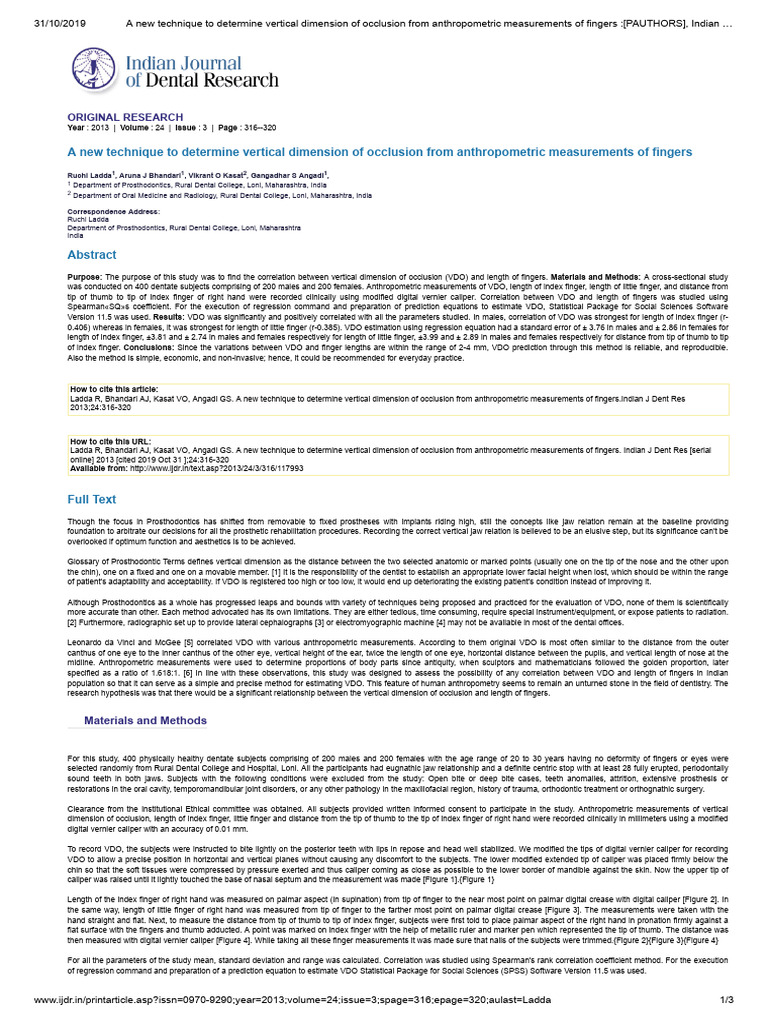 A New Technique To Determine Vertical Dimension of Occlusion From ...