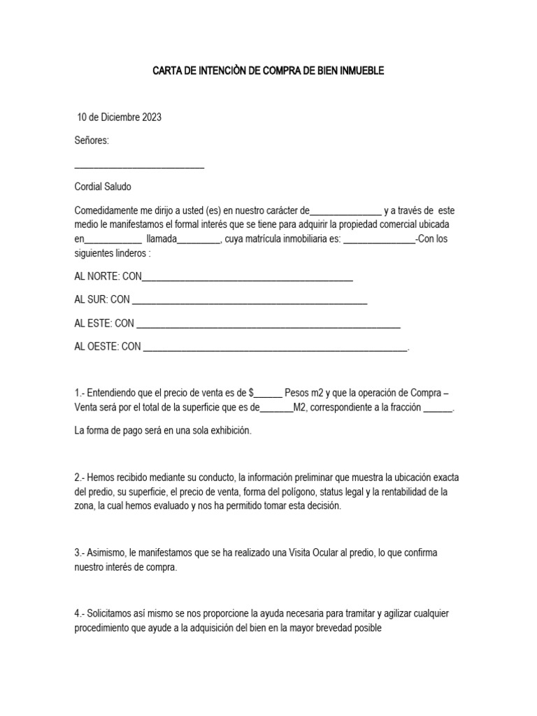Carta de Intencion de Compra de Bien Inmueble | PDF | Derecho