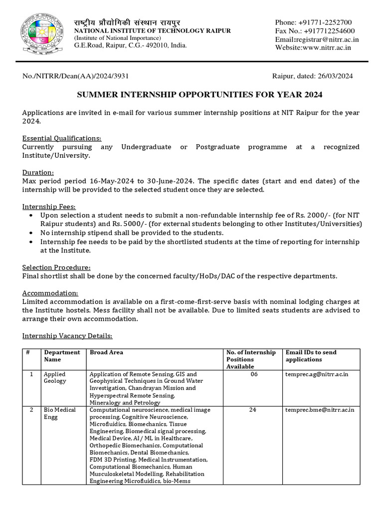 NIT Raipur Summer Internship 2024 | PDF | Machine Learning | Artificial ...