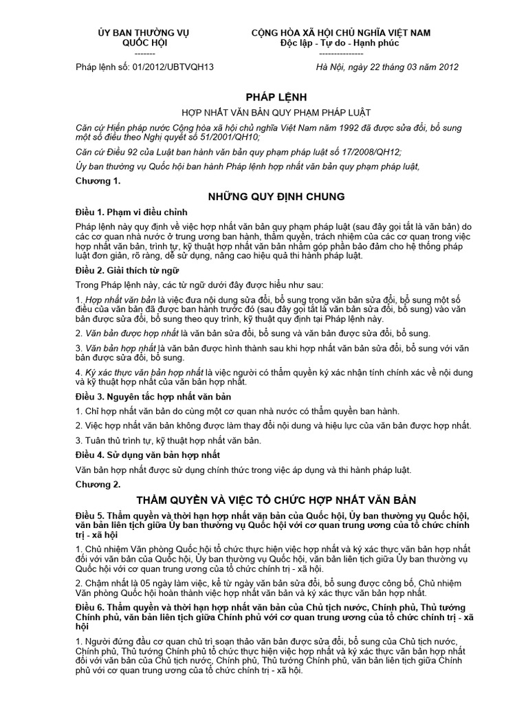 01 - 2012 - Ubtvqh13 - Phap Lenh Hop Nhat VBQPPL | PDF