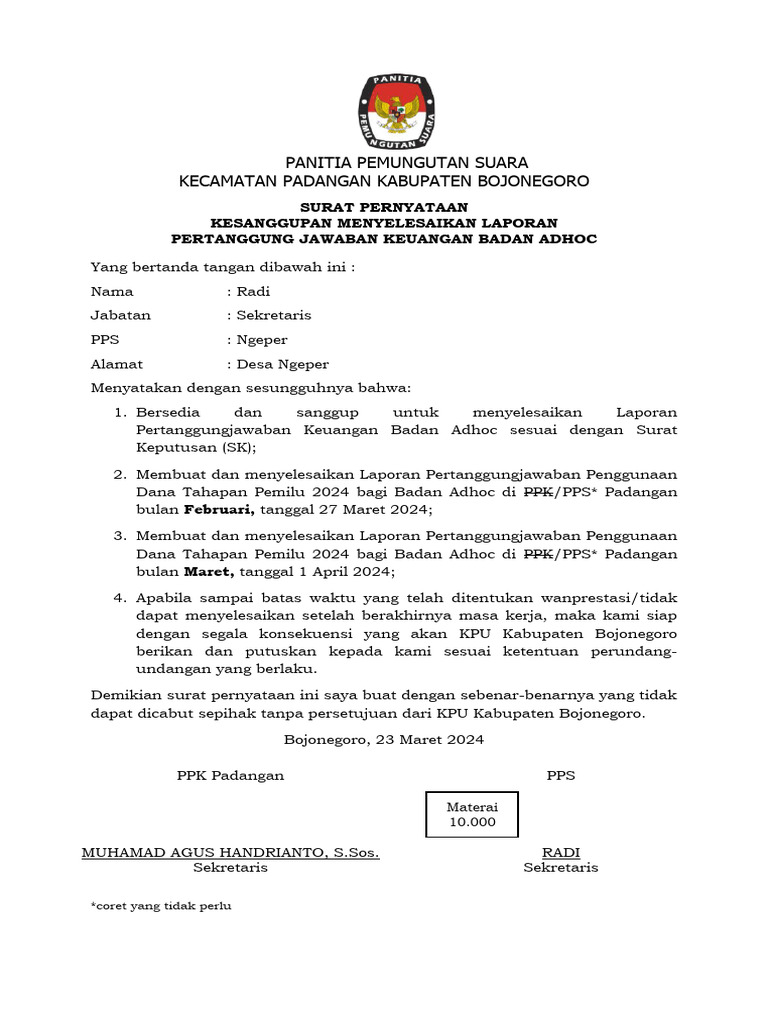 Surat Pernyataan Kesanggupan Menyelesaikan Laporan SPJ Adhoc PPS | PDF