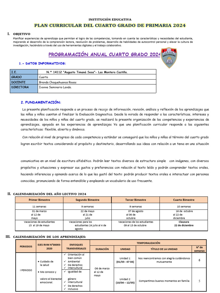 Plan Curricular del Cuarto Grado-2024 | PDF | Números | Geometría