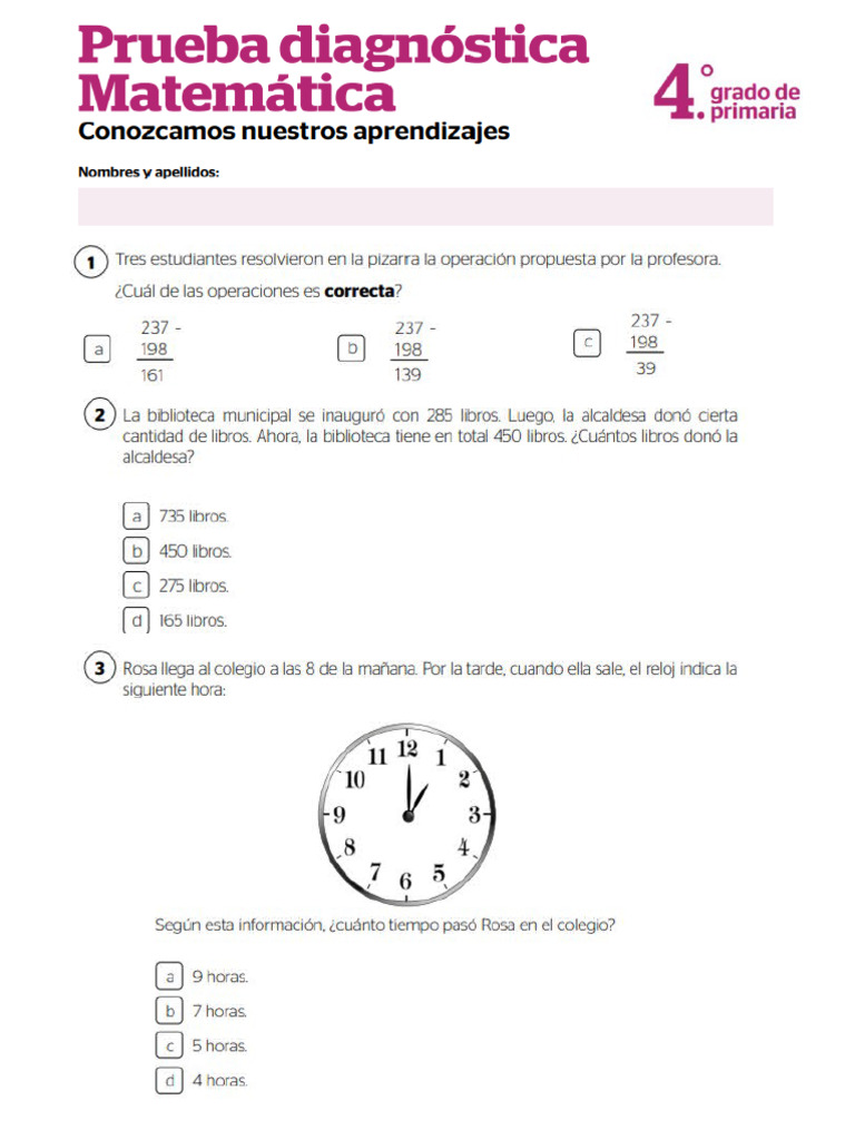 Prueba Diagnostica de Matemática | PDF
