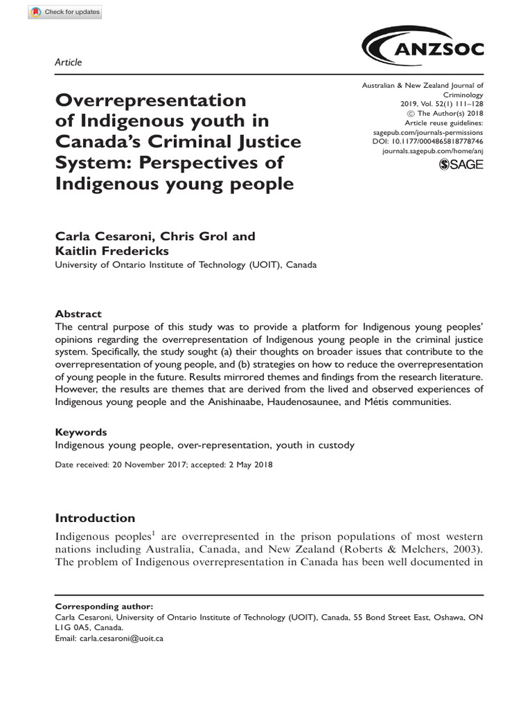 Cesaroni Et Al 2018 Overrepresentation of Indigenous Youth in Canada S ...
