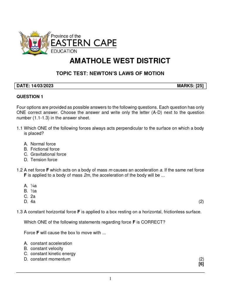 Newton's Laws of Motion Test | PDF | Force | Kinetic Energy
