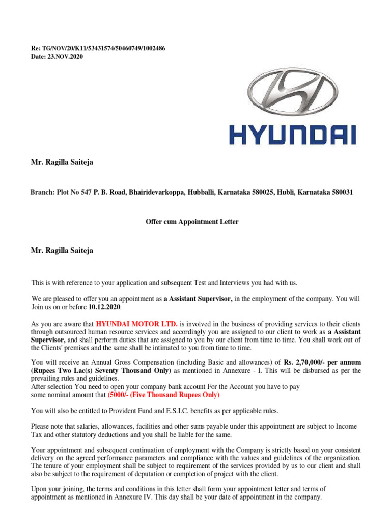 Mr. Ragilla Saiteja, Appoinmet Letter HYUNDAI MOTOR LTD. | PDF ...