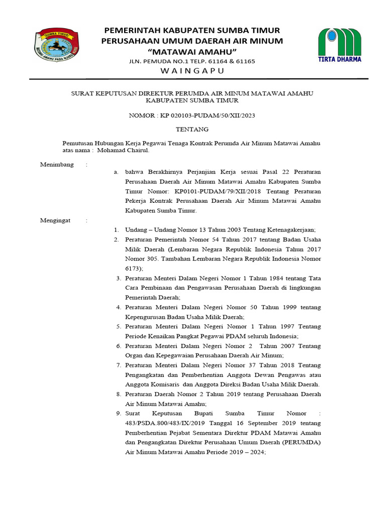 SURAT KEPUTUSAN Pemutusan Hubungan Kerja Pegawai Tenaga Kontrak | PDF