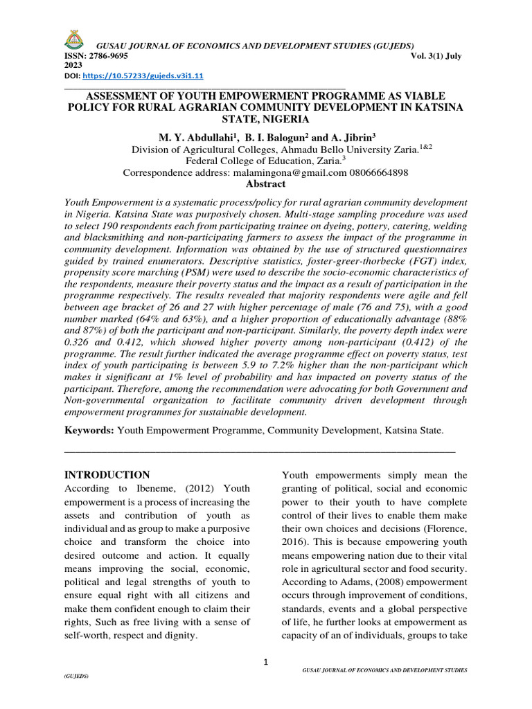 Assessment of Youth Empowerment Programme As Viable Policy For Rural Agrarian Community ...