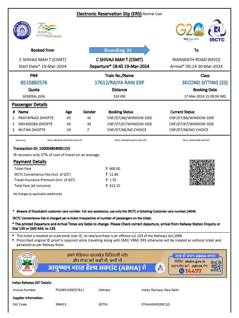17612/rajya Rani Exp Second Sitting (2S) | Download Free PDF | Identity ...