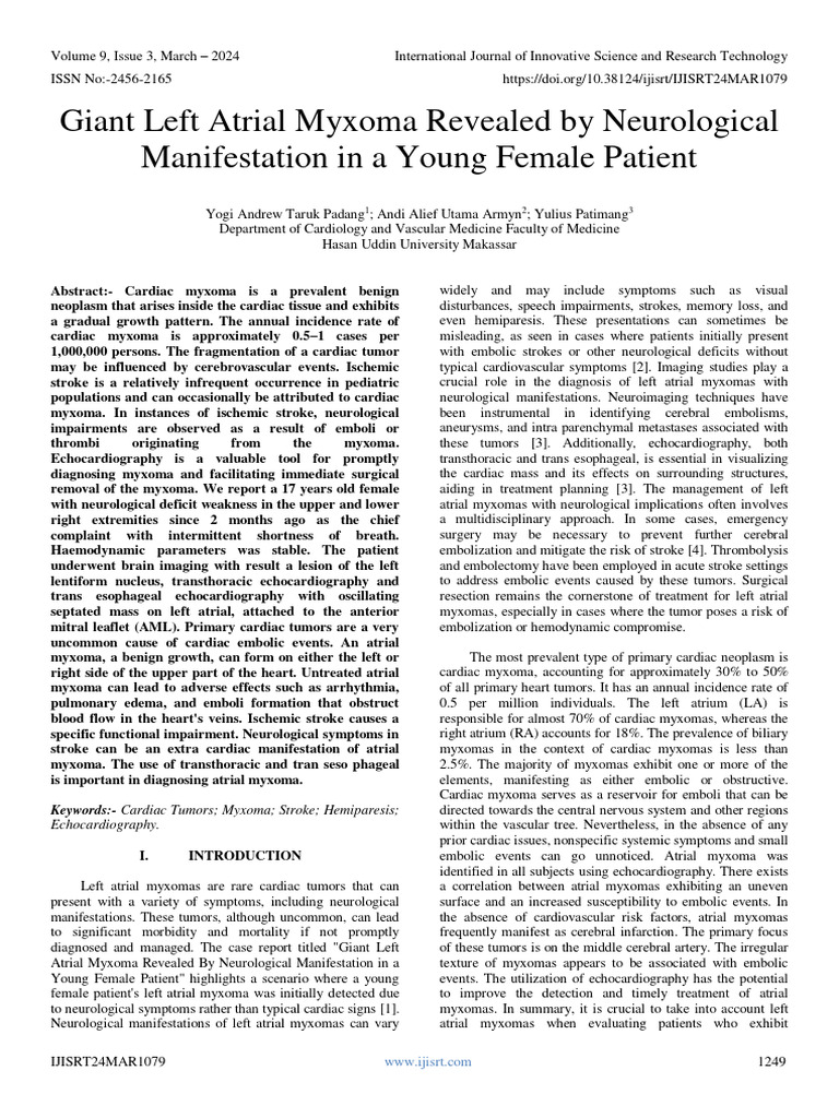 Giant Left Atrial Myxoma Revealed by Neurological Manifestation in A ...