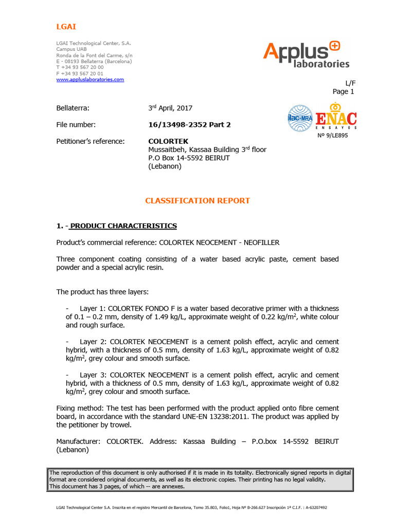 Neocement and Neofiller Fire Classification | PDF | Materials