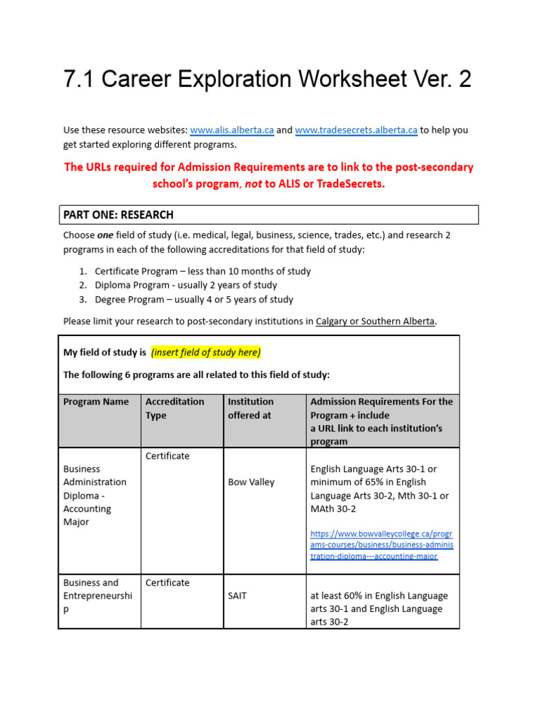 7.1 Career Exploration Worksheet Ver. 2 | PDF