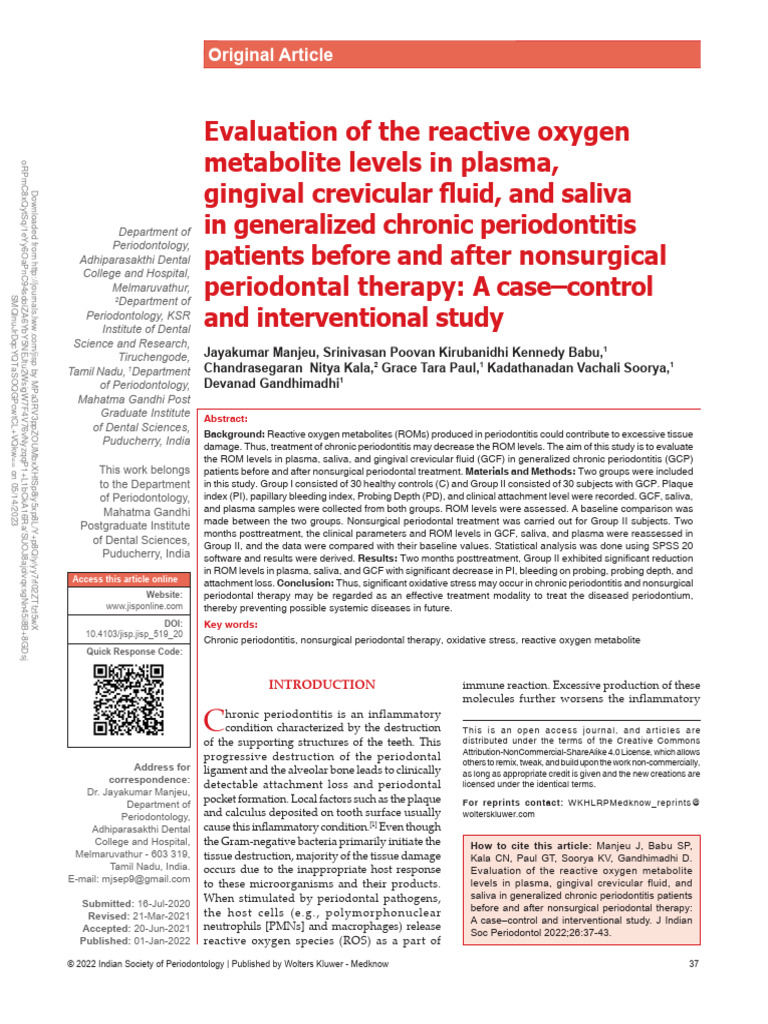Reactive Oxygen Metabolites in Periodontitis | PDF | Periodontology ...